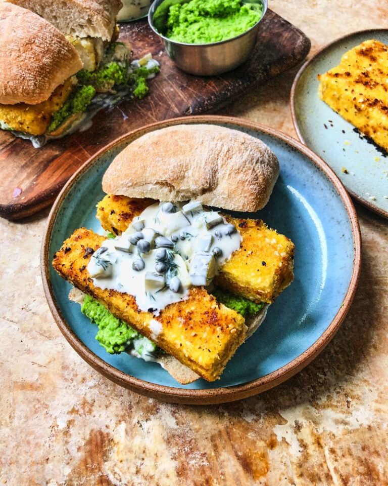 Tofu Finger Sandwich with Minty Peas and Tartar Sauce